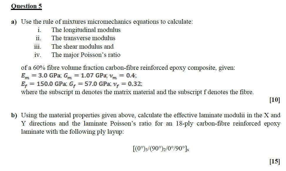 Question 5 a) Use the rule of mixtures micromechanics | Chegg.com