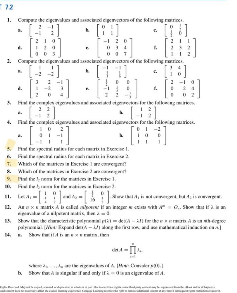 Solved 7.2 1. a. [: 1] c. 2. Compute the eigenvalues and | Chegg.com