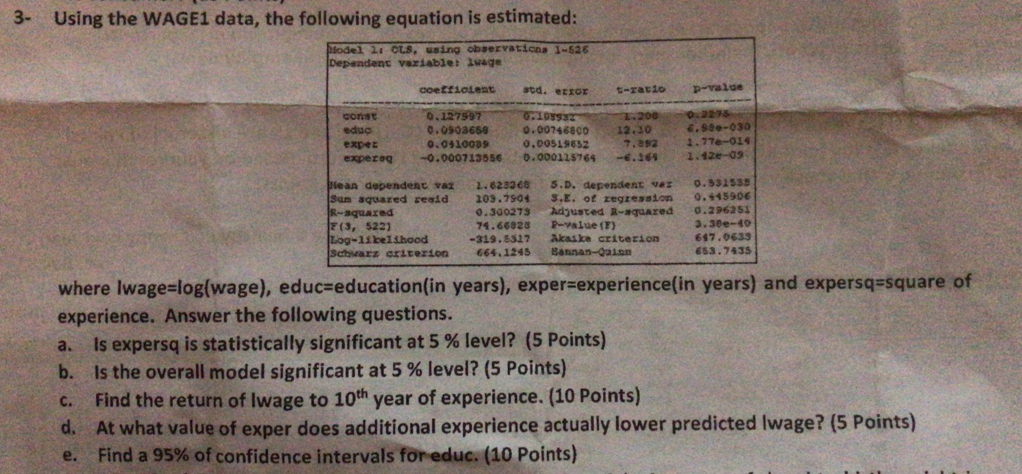 Solved 3- Using the WAGE1 data, the following equation is | Chegg.com