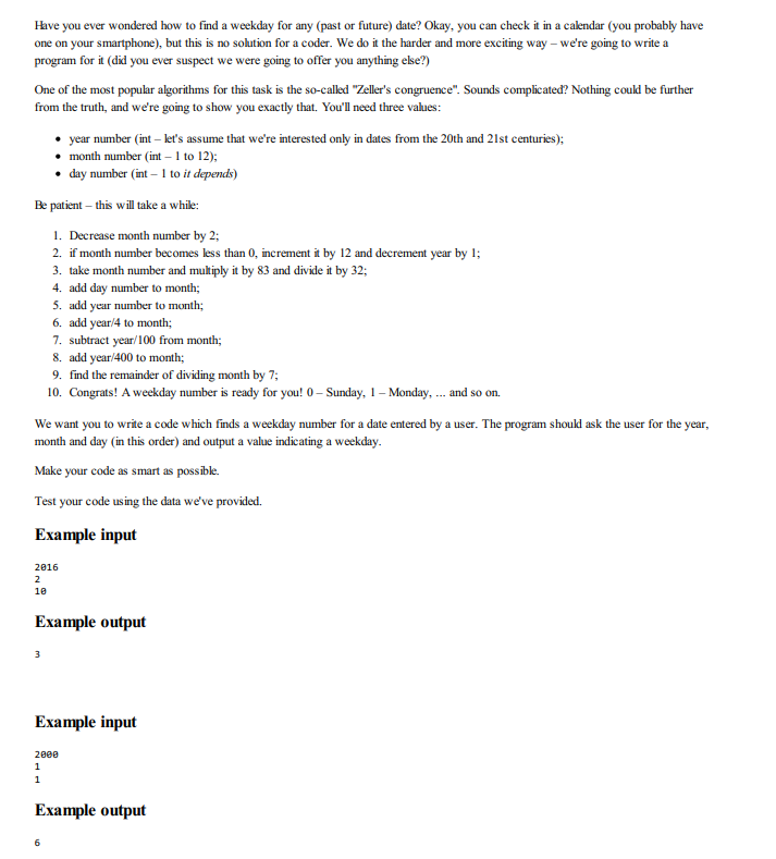 Solved Have you ever wondered how to find a weekday for any | Chegg.com