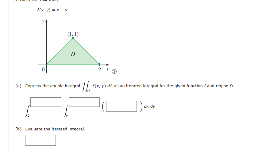 Solved f(x,y)=x+y (a) Express the double integral ∬Df(x,y)dA | Chegg.com