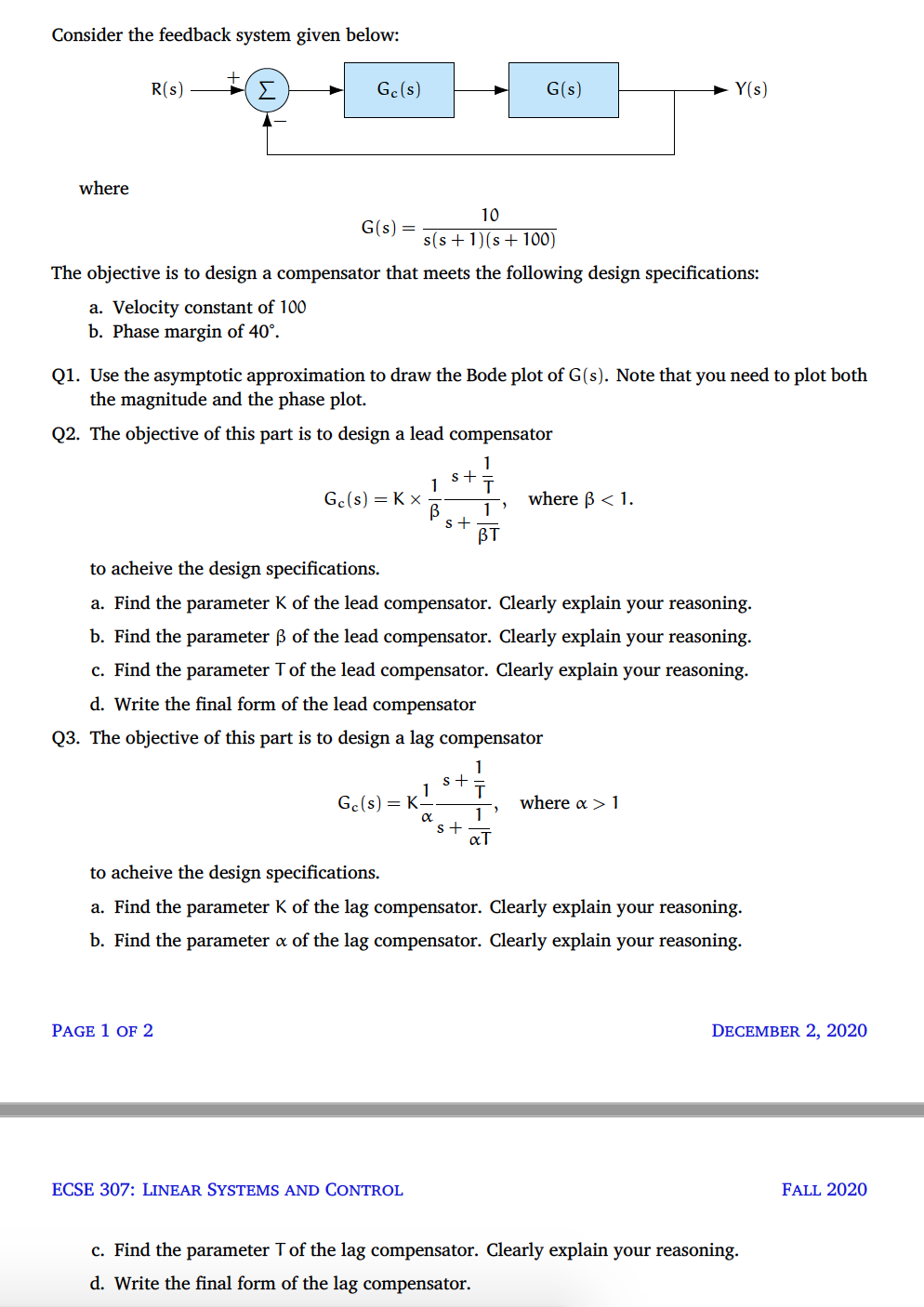Consider the feedback system given below: R(S) Gc(s) | Chegg.com