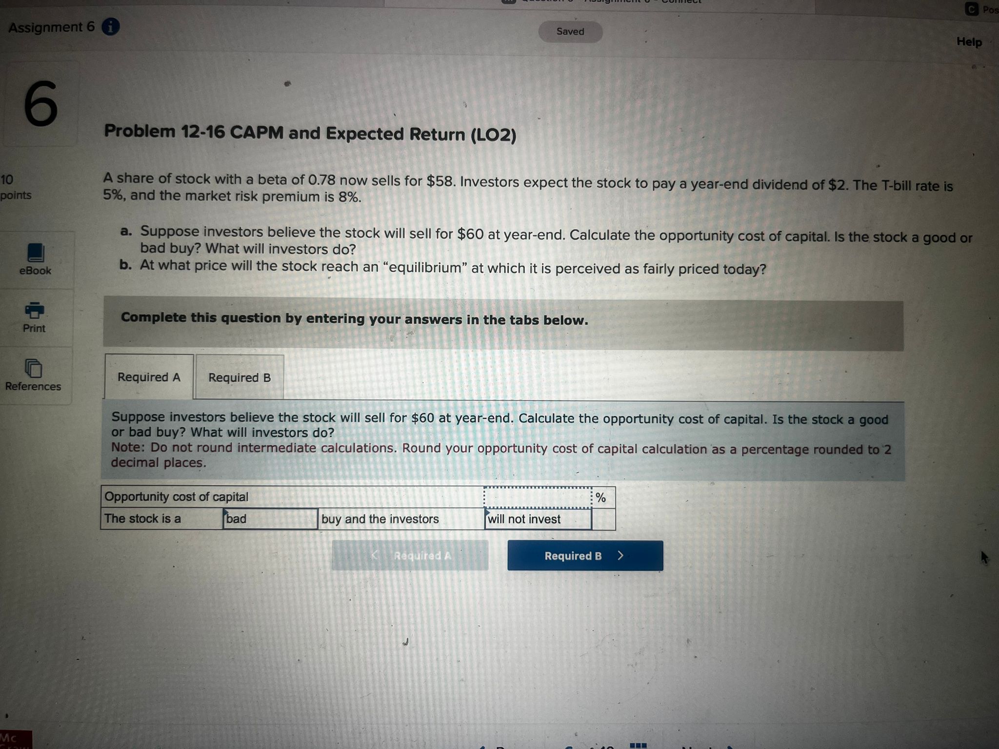 Solved Problem 12-16 CAPM and Expected Return (LO2) A share | Chegg.com