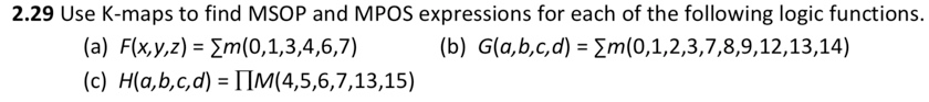 Solved 2.29 Use K-maps to find MSOP and MPOS expressions for | Chegg.com