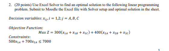 Solved 2. (20 points) Use Excel Solver to find an optimal | Chegg.com