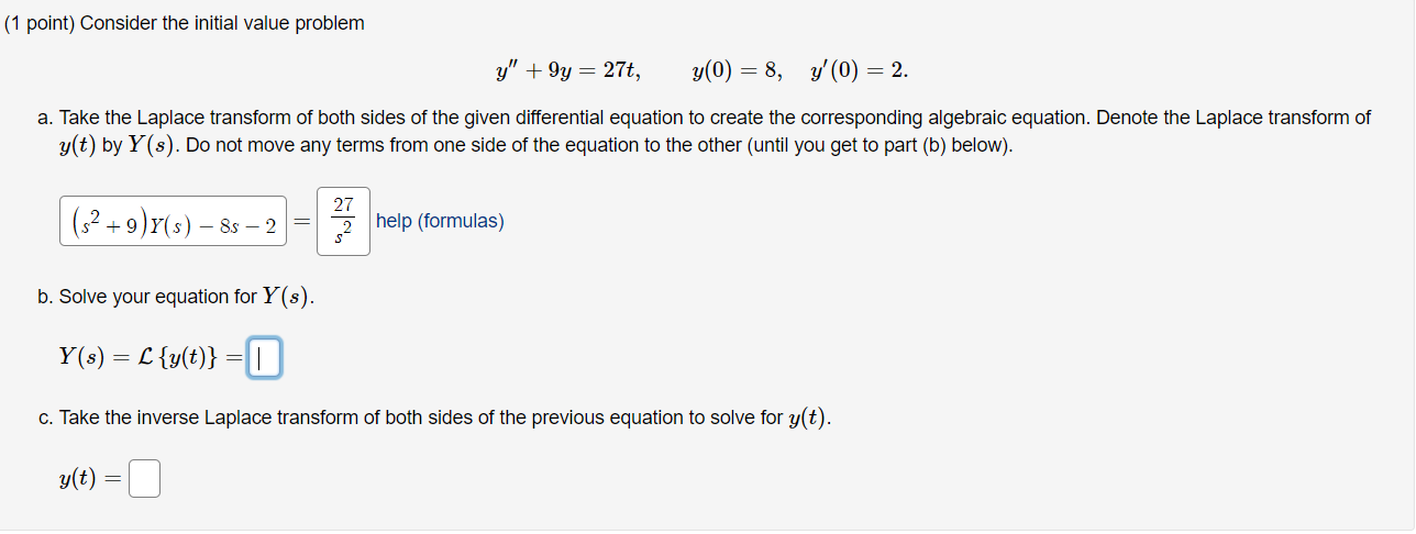 Solved (1 point) Consider the initial value problem y" + 9y | Chegg.com