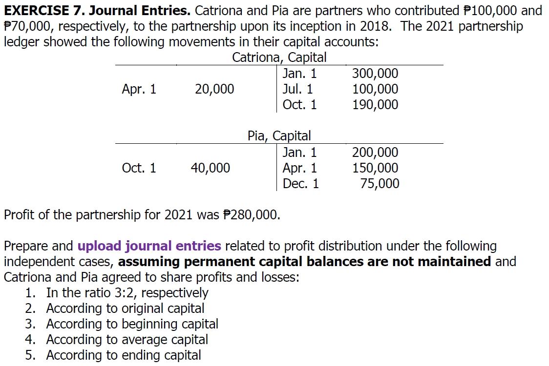 [Solved]: EXERCISE 7. Journal Entries. Catriona and Pia ar