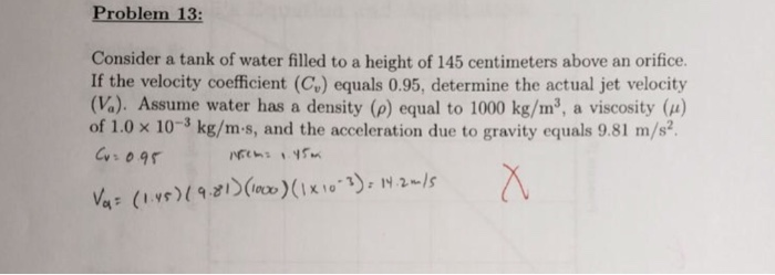 Solved Problem 13: Consider a tank of water filled to a | Chegg.com