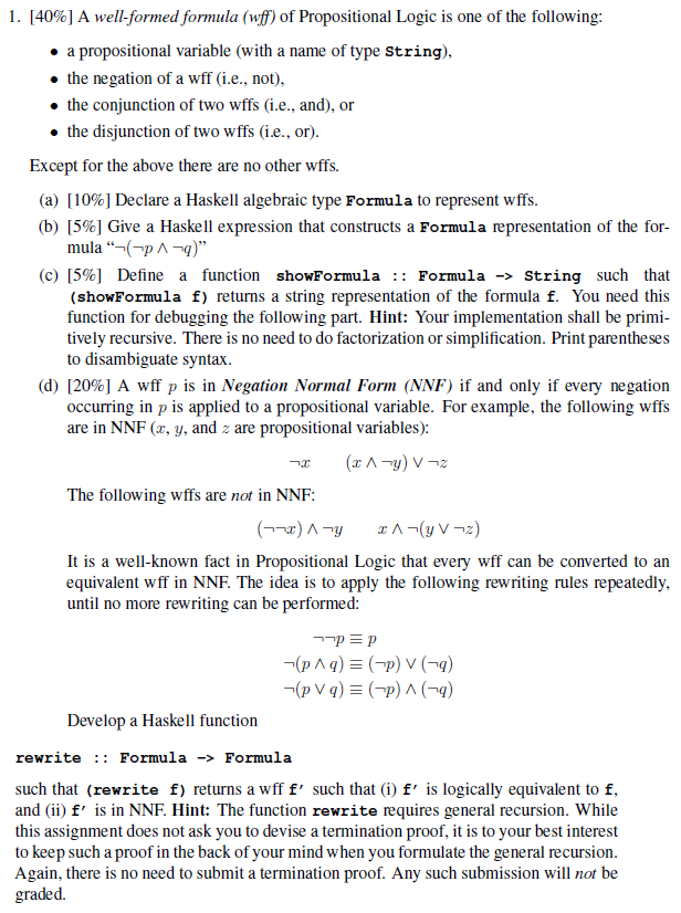 1. [40%] A well-formed formula (wff) of Propositional | Chegg.com