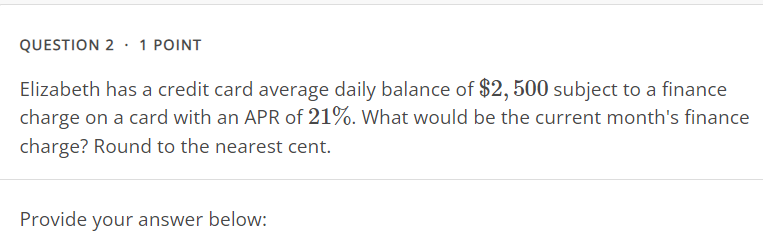 Solved Elizabeth has a credit card average daily balance of | Chegg.com