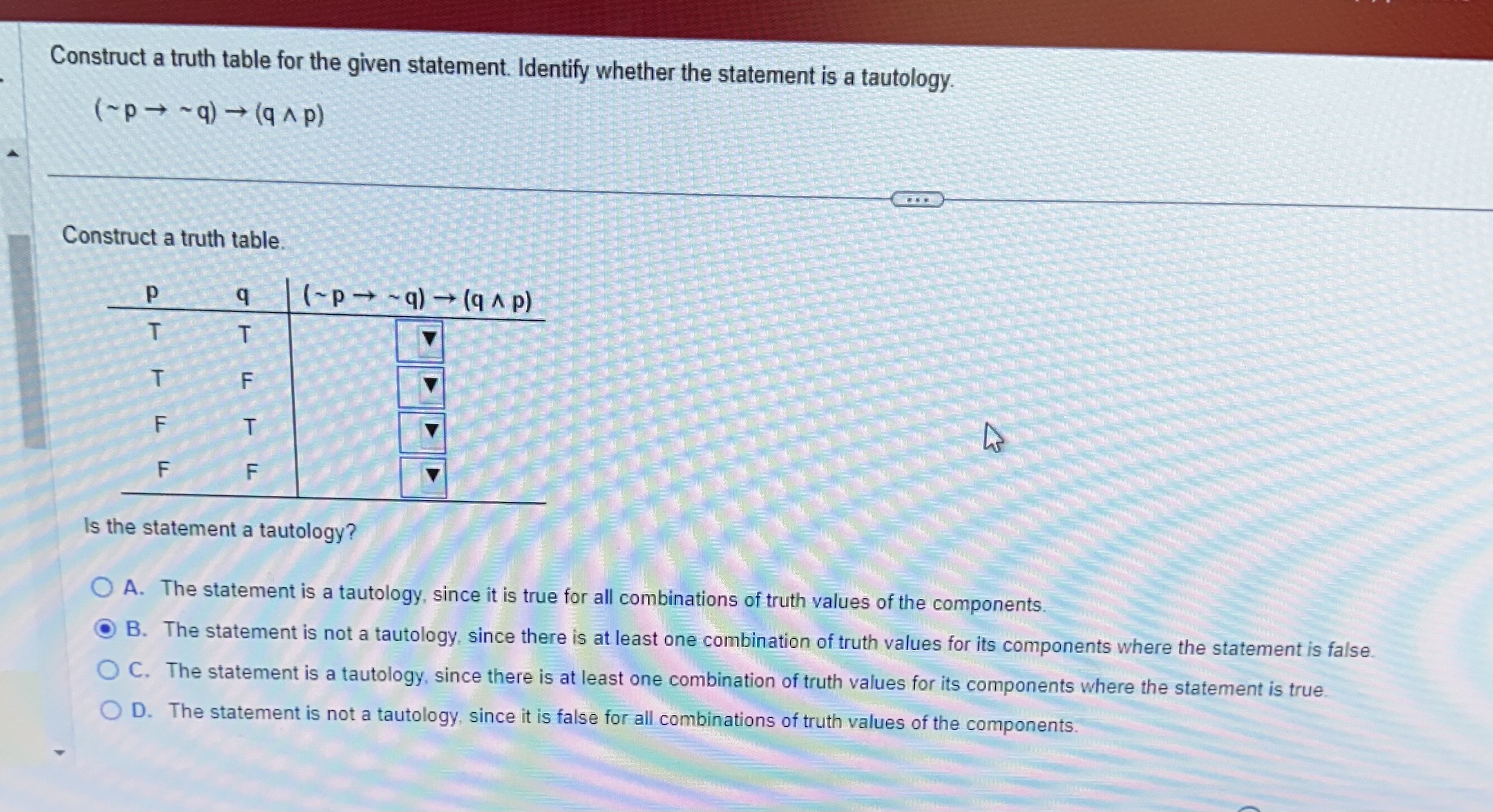 Solved Construct a truth table for the given statement. | Chegg.com