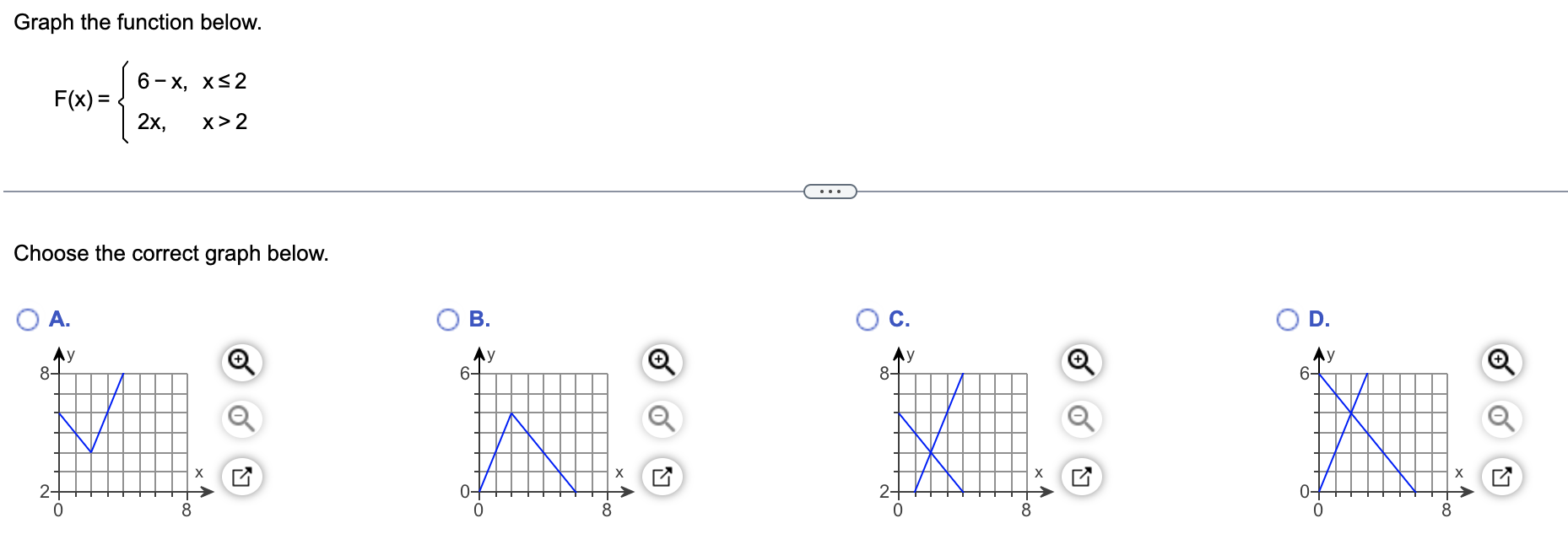 Solved Graph the function below. 6-x, x≤2 F(x)= 2X, x>2 | Chegg.com