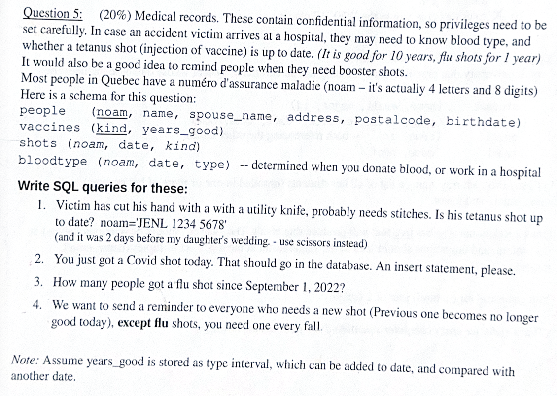 Solved Question 5: \( (20 \%) \) ﻿Medical records. These | Chegg.com