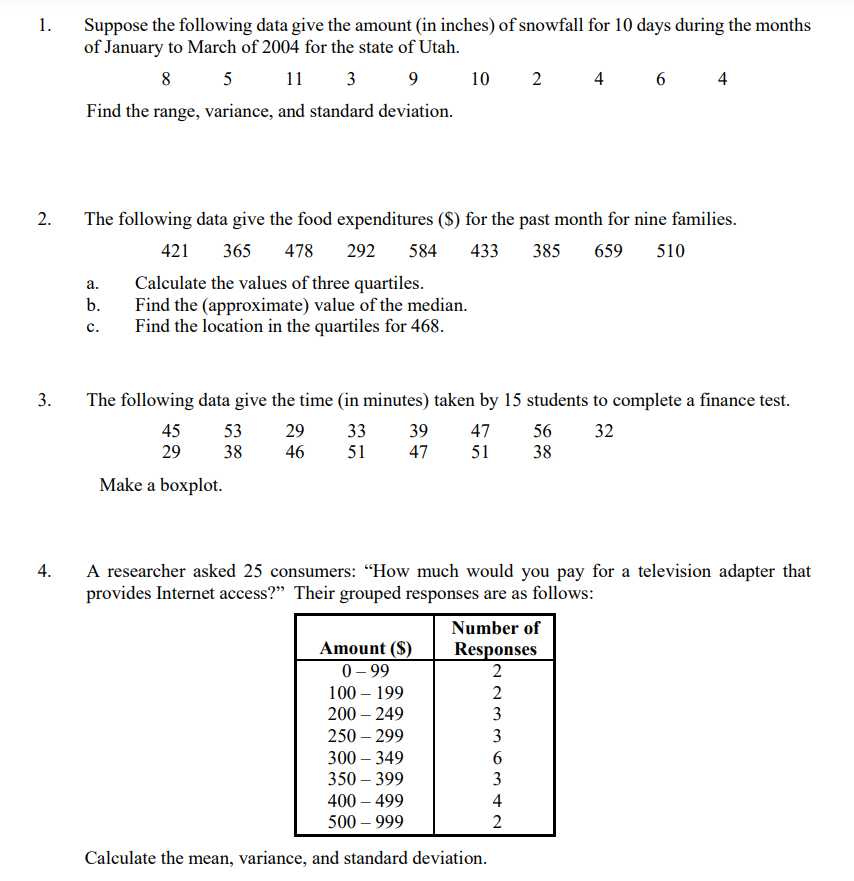 Solved 1. Suppose the following data give the amount (in | Chegg.com