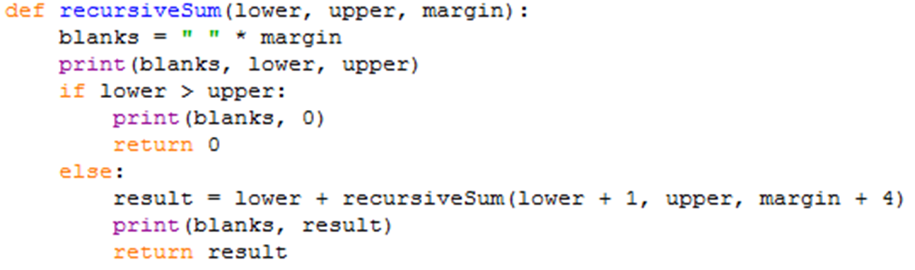 Solved def recursive Sum (lower, upper, margin): blanks = || | Chegg.com