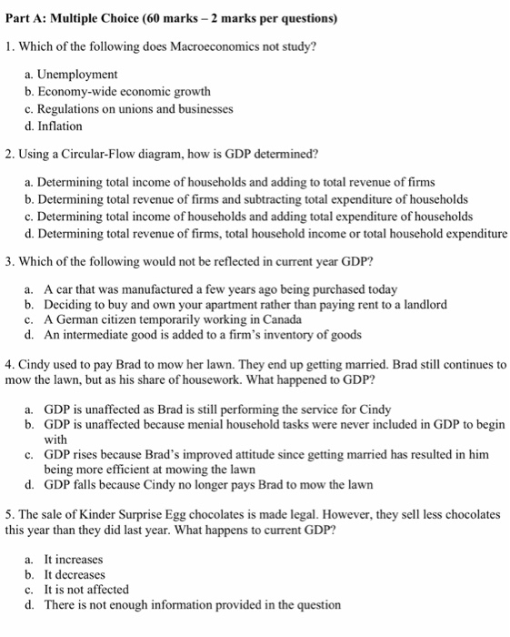Solved Part A: Multiple Choice (60 marks -2 marks per | Chegg.com