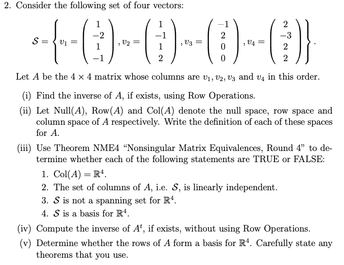 Solved 2. Consider the following set of four vectors: | Chegg.com