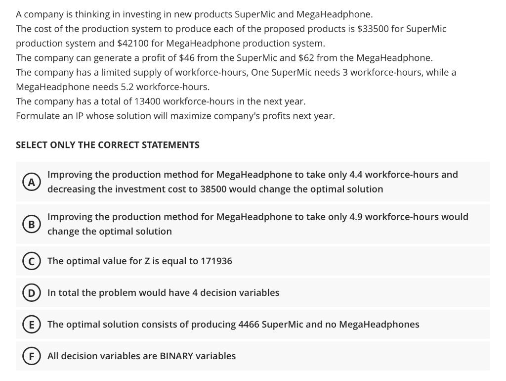 Solved A company is thinking in investing in new products | Chegg.com