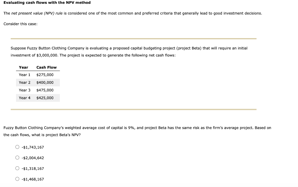 Solved Evaluating cash flows with the NPV method The net | Chegg.com