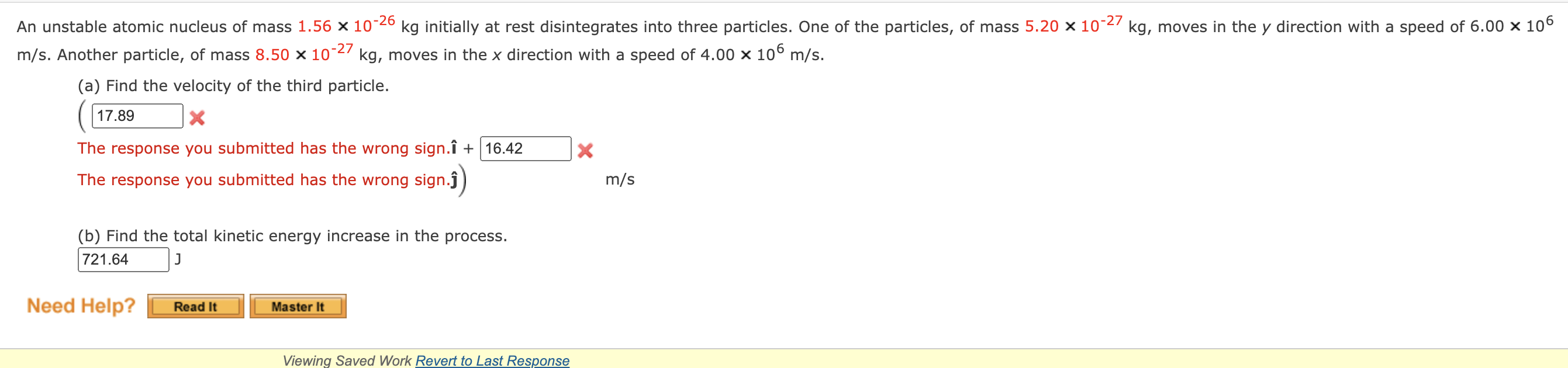 Solved An unstable atomic nucleus of mass 1.56 x 10-26 kg | Chegg.com