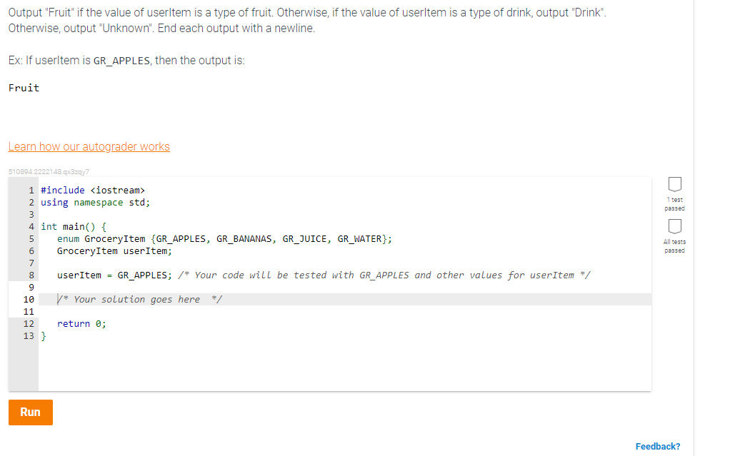 Solved Output "Fruit" if the value of userltem is a type of | Chegg.com
