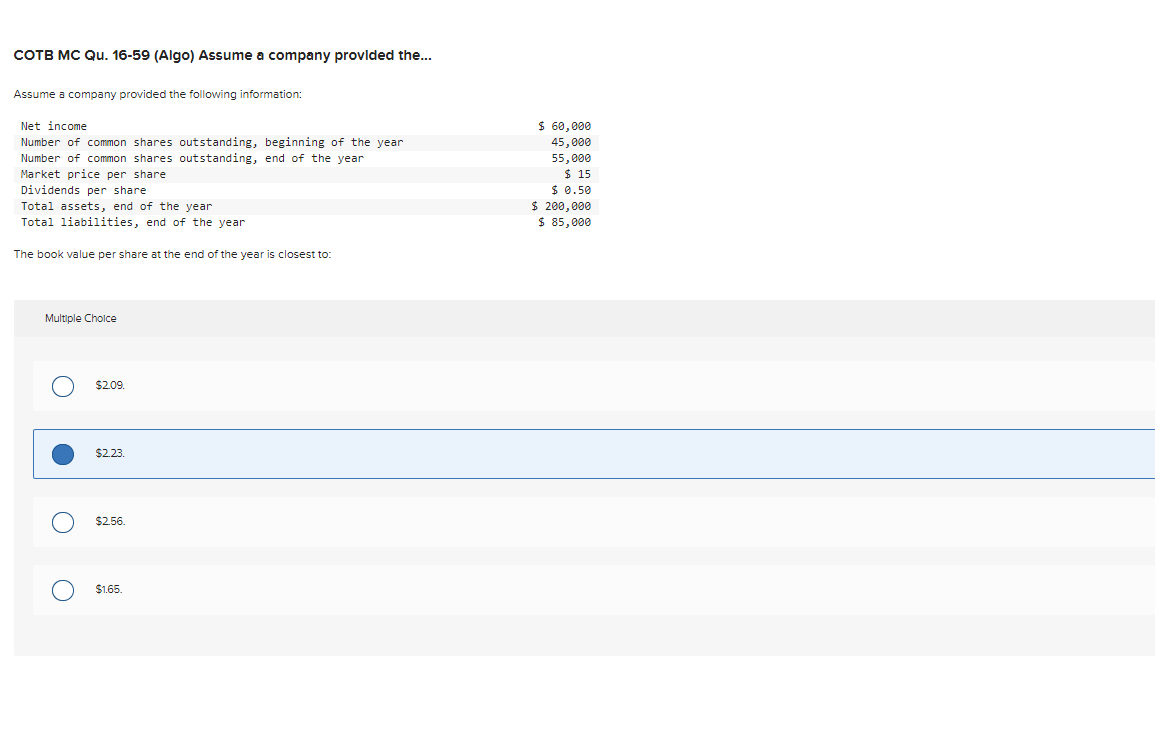 Solved COTB MC Qu. 16-64 (Algo) Assume a company whose | Chegg.com