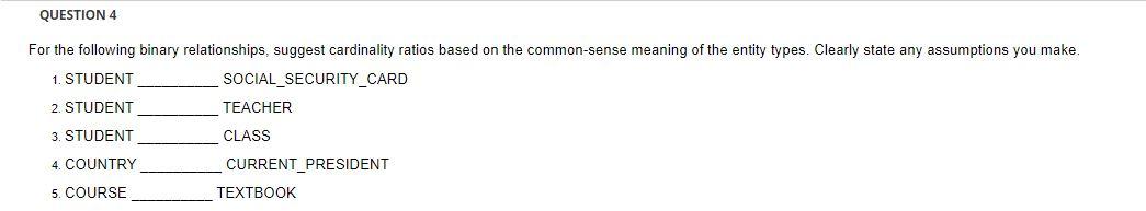 Solved For the following binary relationships, suggest | Chegg.com