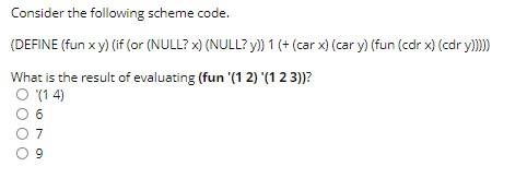 Solved Consider the following scheme code. (DEFINE (fun xy) | Chegg.com