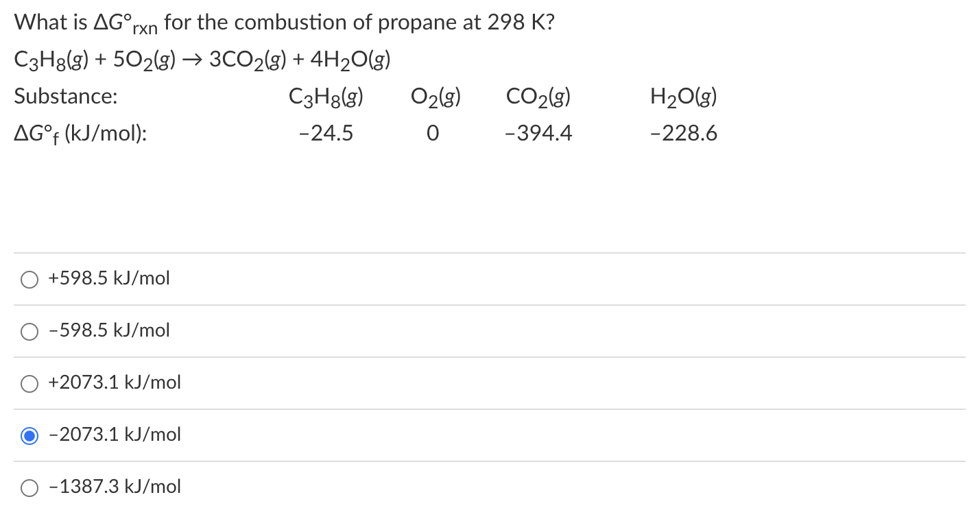 Solved What is ΔG°rxn for the combustion of propane at 298 | Chegg.com