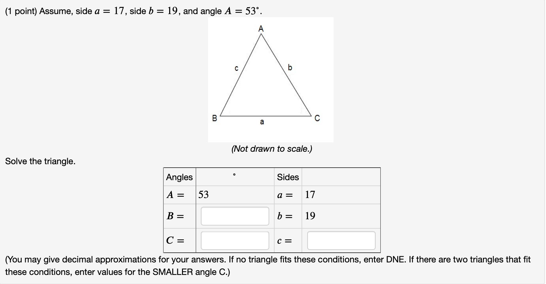 Solved (1 point) Assume, side a = 17, side b= 19, and angle | Chegg.com