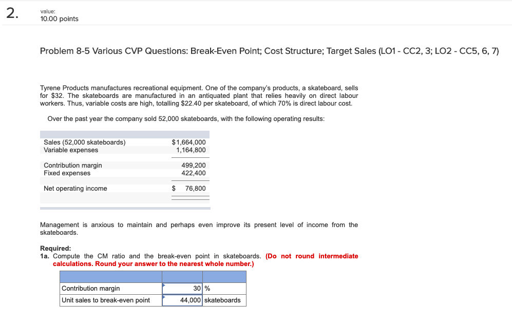 Solved 2 alue 10.00 points Problem 8-5 Various CVP | Chegg.com