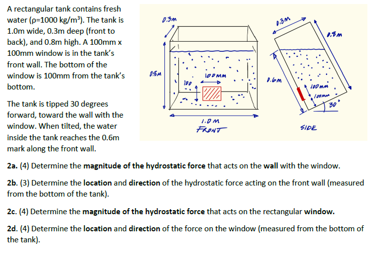 A rectangular tank contains fresh water (ρ=1000 | Chegg.com