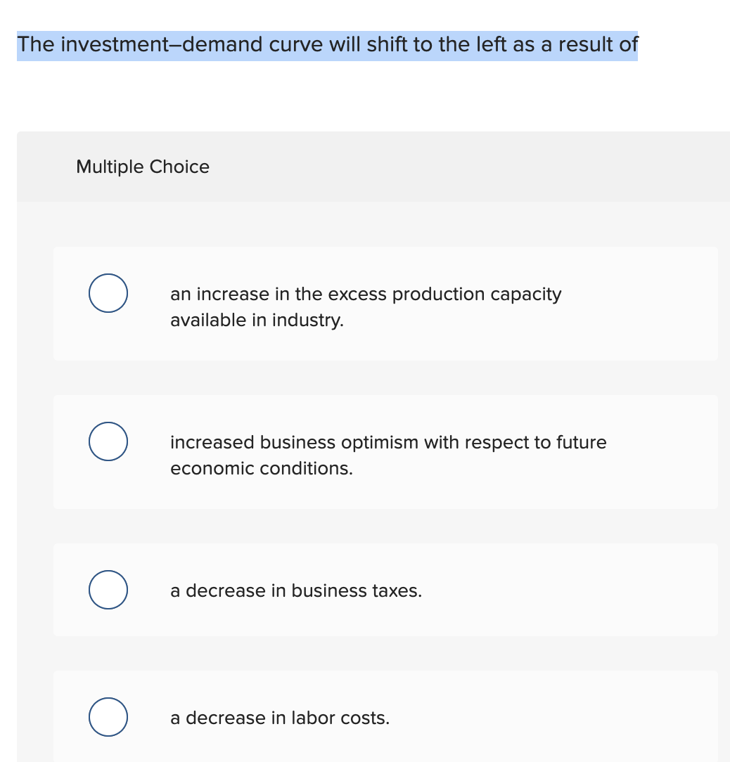 Solved The investment-demand curve will shift to the left as | Chegg.com