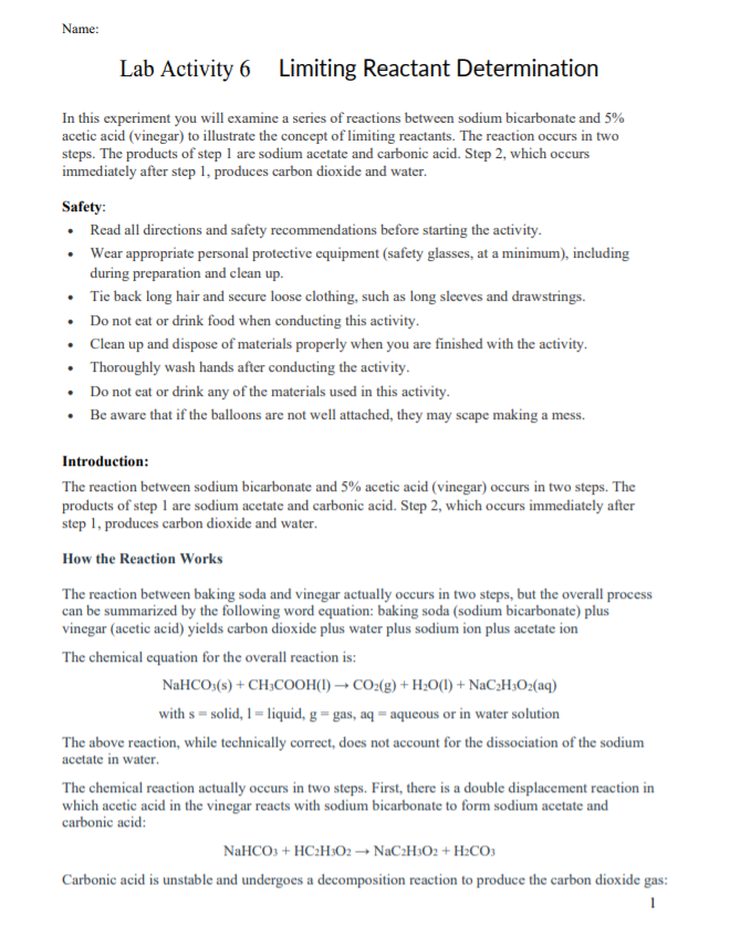 Name: Lab Activity 6 Limiting Reactant Determination | Chegg.com