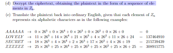 (d) Decrypt the ciphertext, obtaining the plaintext | Chegg.com