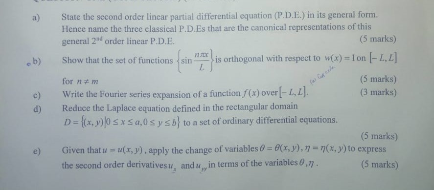 Solved a) State the second order linear partial differential | Chegg.com