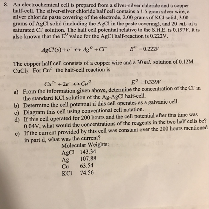 Solved An electrochemical cell is prepared from a | Chegg.com