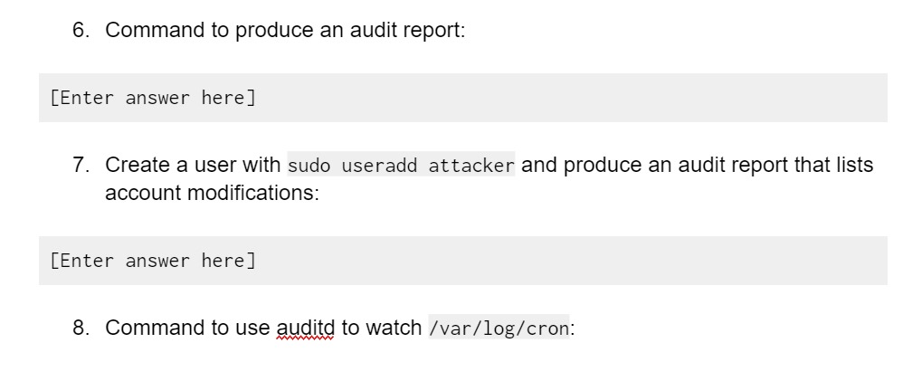 Solved Command to produce an audit report:[Enter answer | Chegg.com