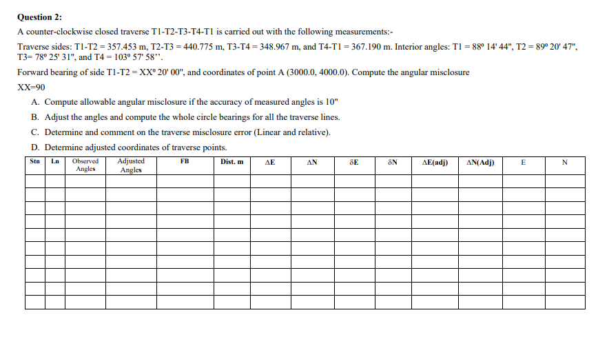 Solved A counter-clockwise closed traverse T1-T2-T3-T4-T1 is | Chegg.com