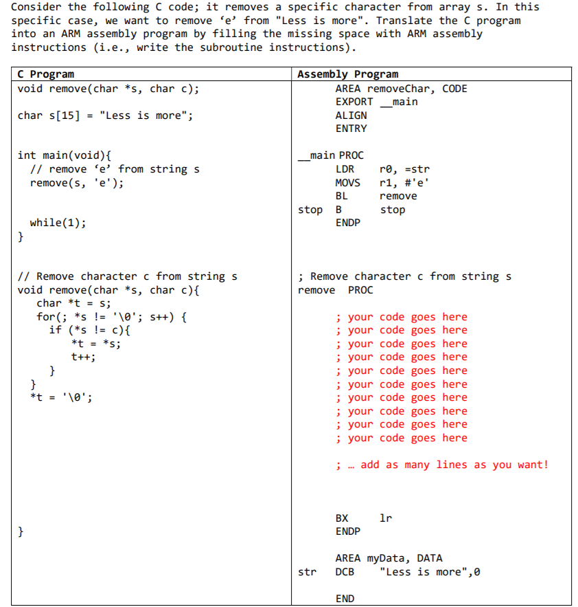 Solved Consider the following C code; it removes a specific | Chegg.com