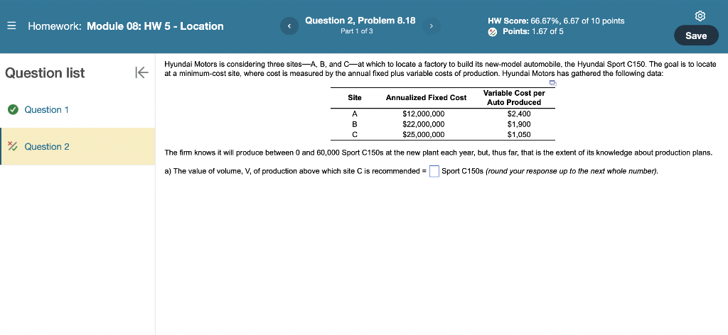 Solved Hyundai Motors is considering three sites-A, B, and | Chegg.com