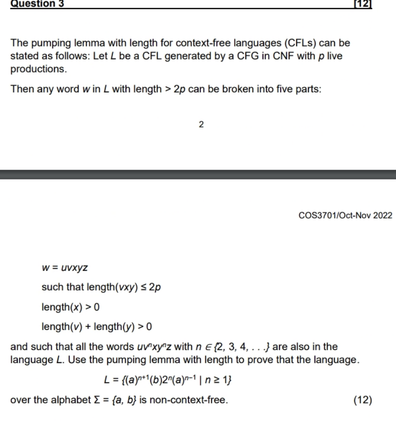 Solved The pumping lemma with length for context-free | Chegg.com
