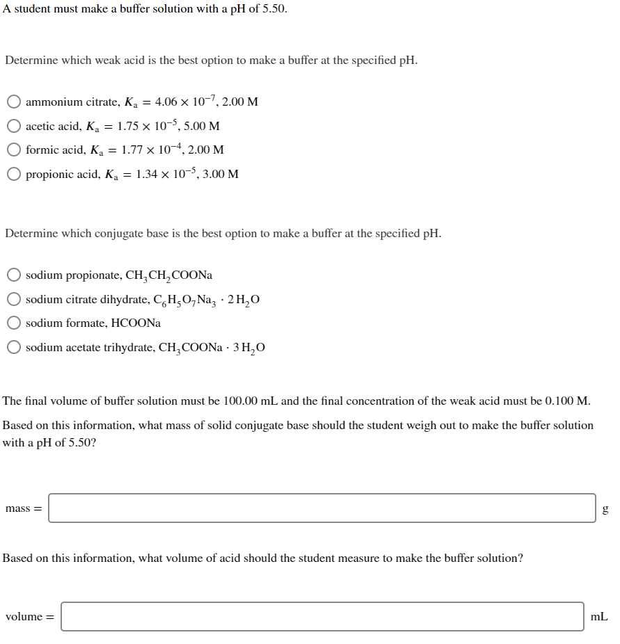 Solved A student must make a buffer solution with a pH of | Chegg.com