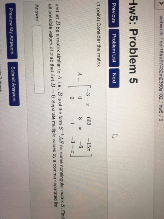 Solved webwork/ spr18tra97432m2360s102 / hw5 5 w5: Problem 5 | Chegg.com