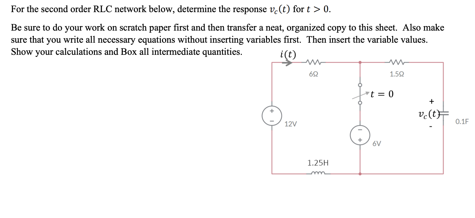 Solved For the second order RLC network below, determine the | Chegg.com