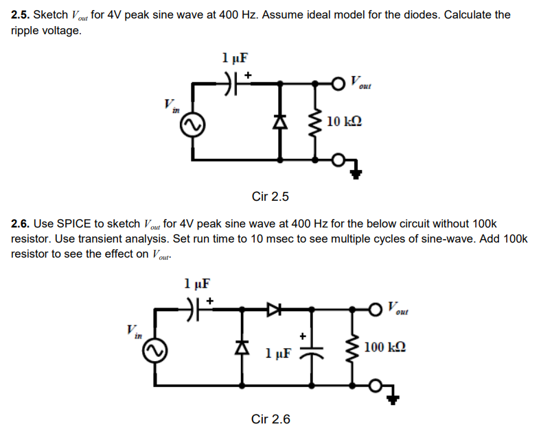 Solved 2.5. Sketch Vou for 4V peak sine wave at 400 Hz. | Chegg.com