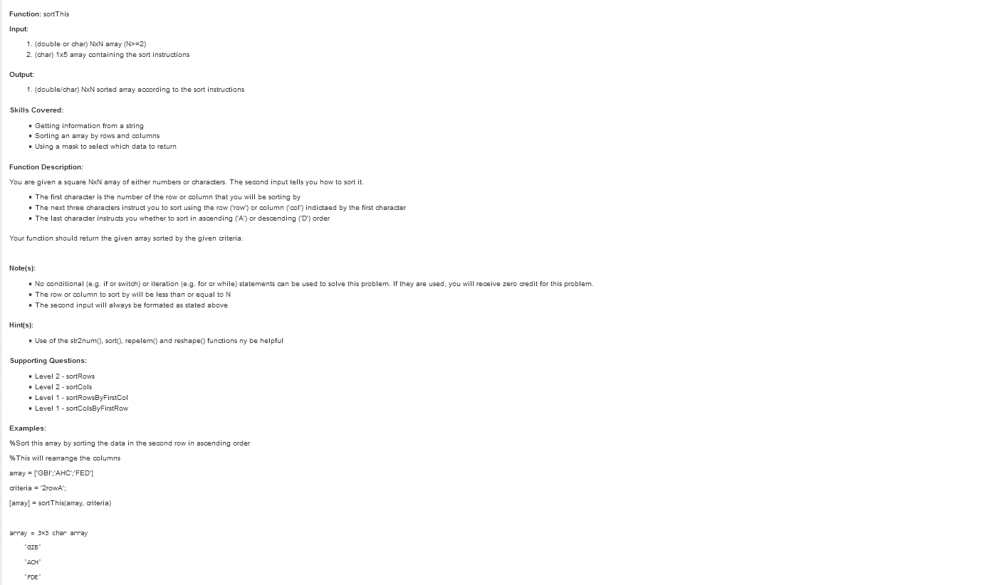 Solved Function: sort This Input: 1. (double or char) NxN | Chegg.com
