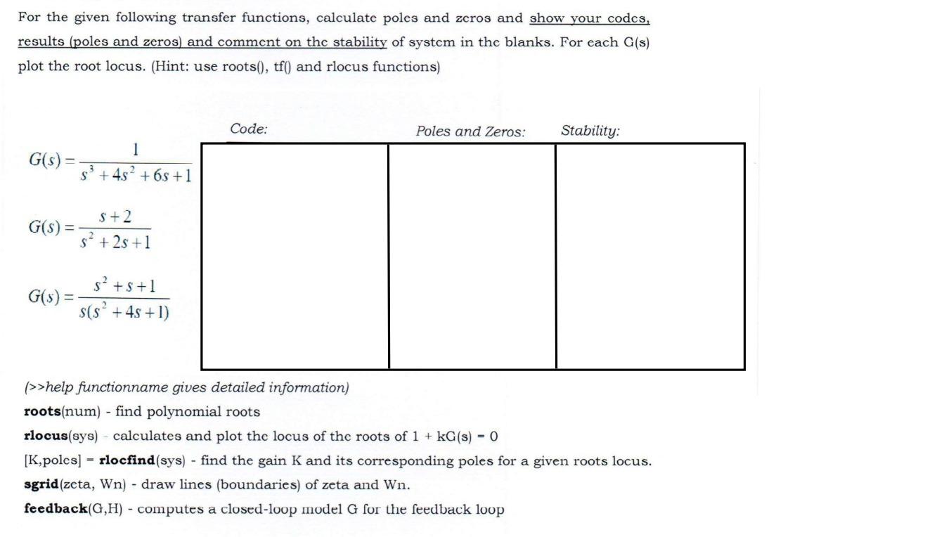 Solved For the given following transfer functions, calculate | Chegg.com