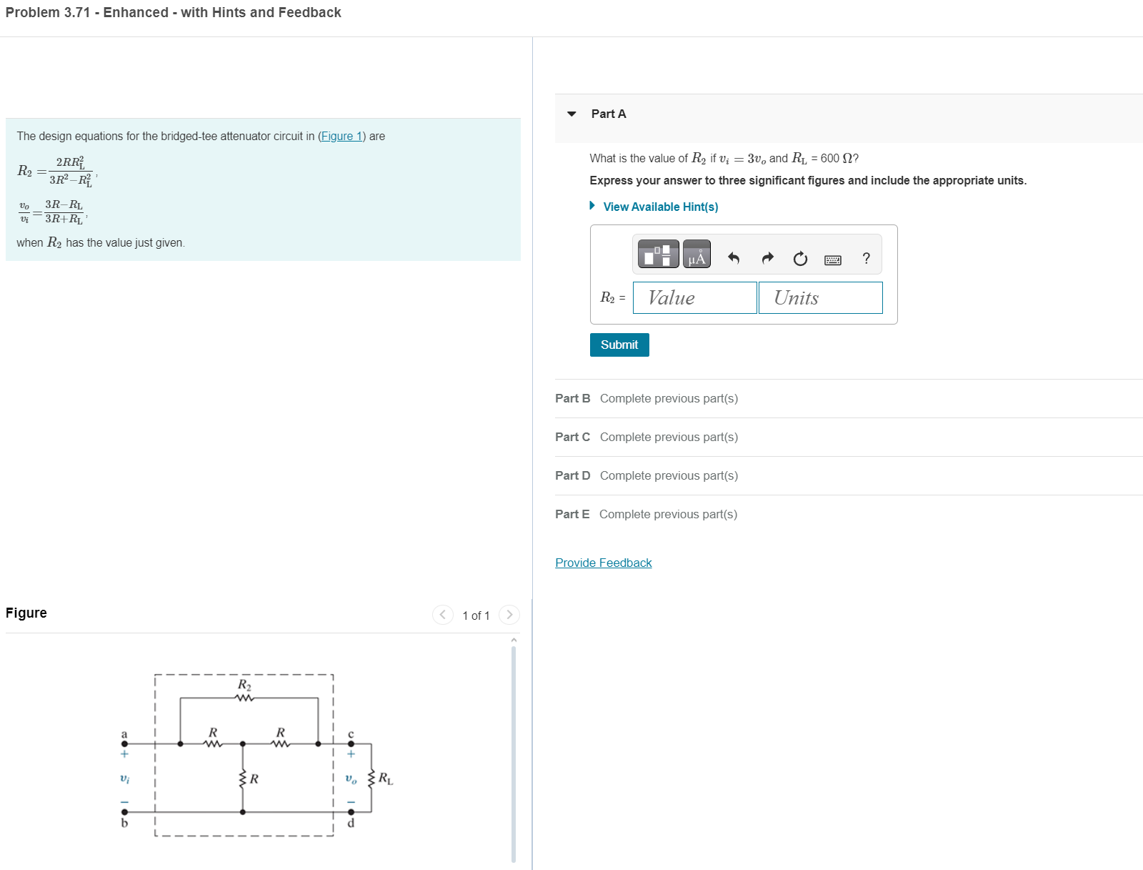 Solved The design equations for the bridged-tee attenuator | Chegg.com