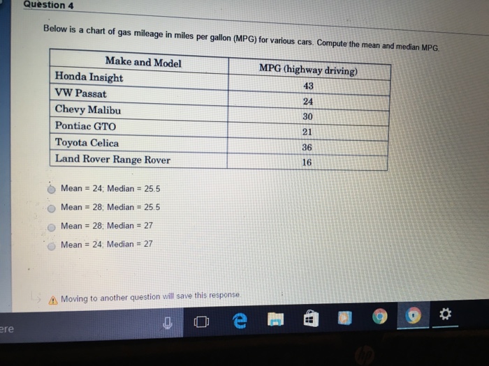 Solved Below is a chart of gas mileage in miles Per gallon | Chegg.com